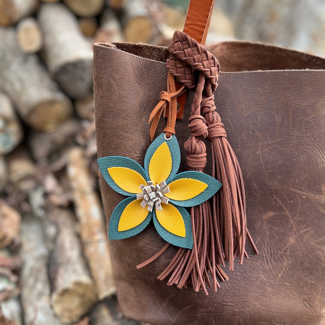 Leather Flower Bag Charm Large Flower With Loop Teal, Golden Yellow and ...