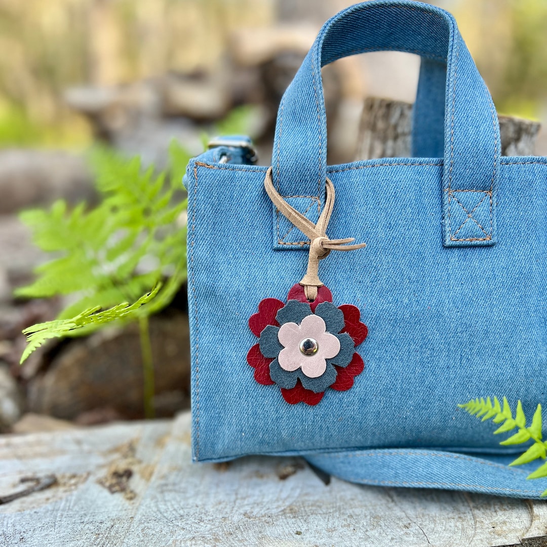 Small Leather Flower Purse Charm Red, Denim Blue and Tan Flower Bag ...