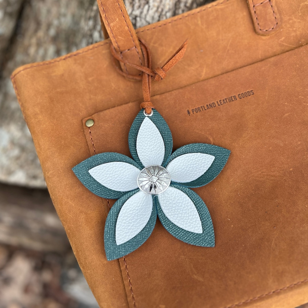 Leather Flower Bag Charm - Large Flower With Loop - Teal and White ...