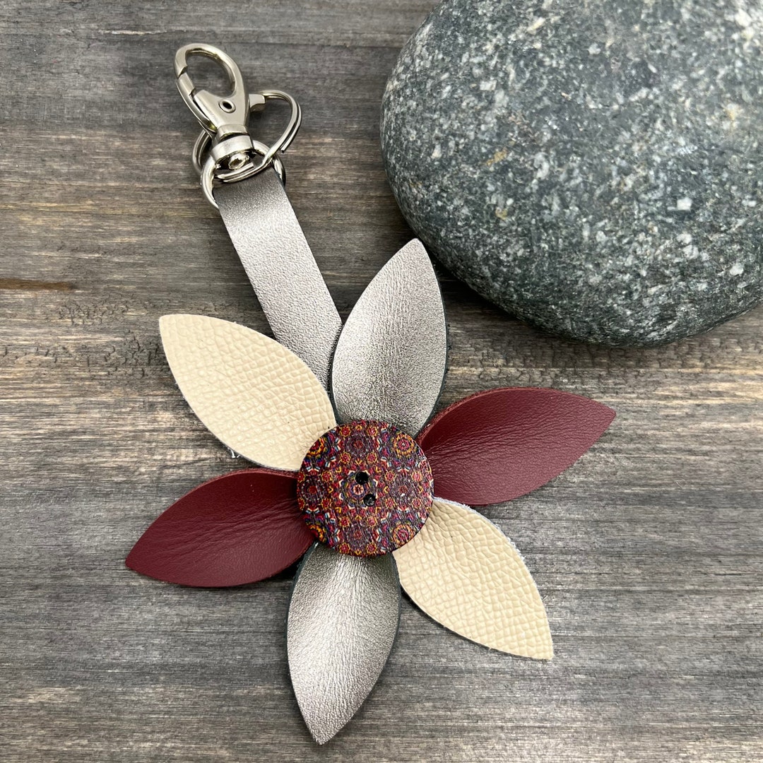 Leather Flower Bag Charm Keychain Deep Red, Gunmetal and Cream - Etsy