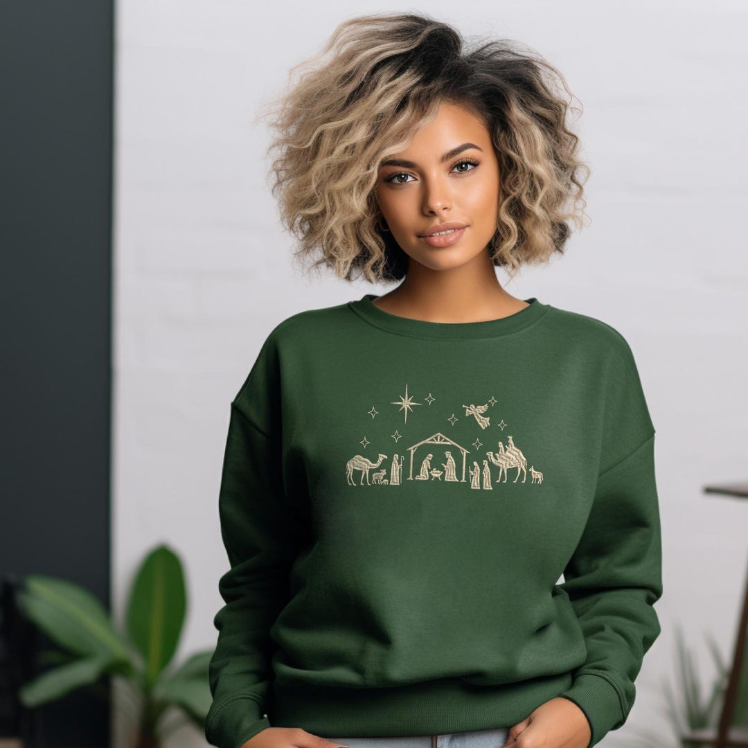 Embroidered Nativity Scene Sweatshirt, Christian Christmas Sweatshirt ...
