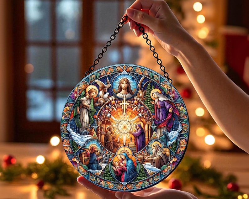Nativity Scene Suncatcher, Family Christmas Ornament, Religious Window ...