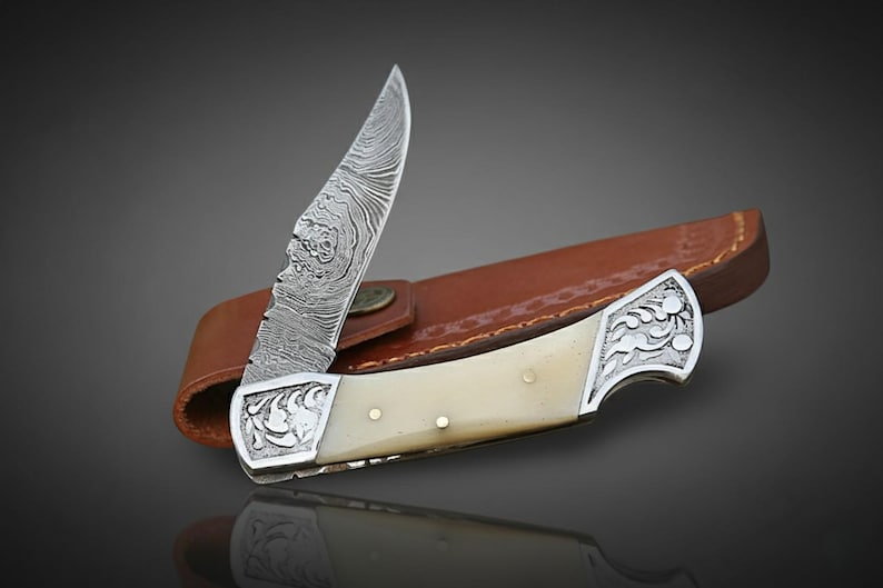Engraved Damascus Steel Pocket Knife, Groomsman Gift Folding Knife, 10 ...