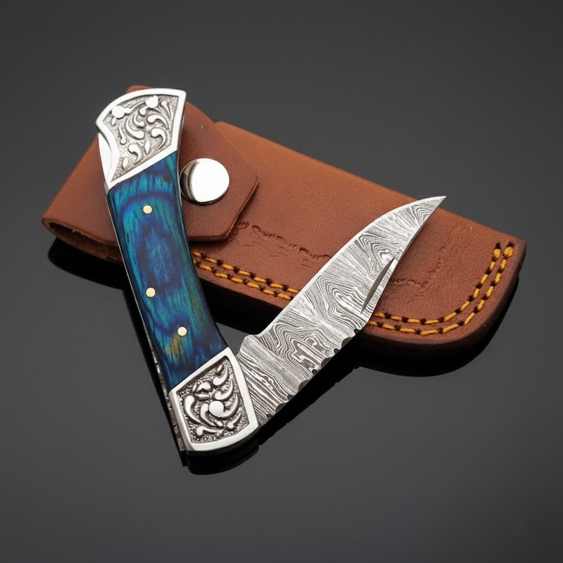 Engraved Damascus Steel Pocket Knife, Groomsman Gift Folding Knife, 10 ...