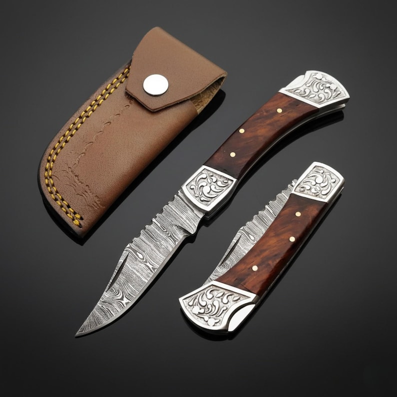 Engraved Damascus Steel Pocket Knife, Groomsman Gift Folding Knife, 10 ...