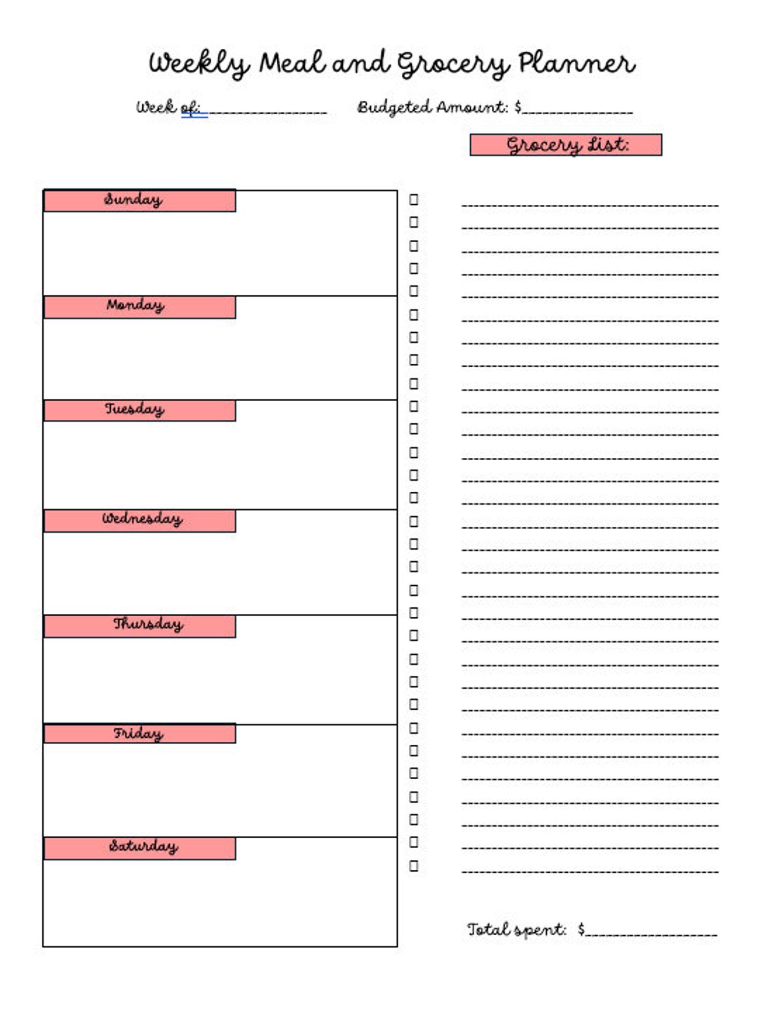 Printable Weekly Meal and Grocery Planner, Food Tracker, Meal Prep ...