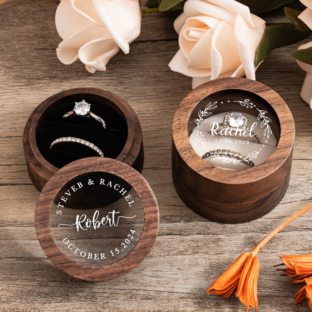 Personalized Wood Ring Box, Double Ring Bearer Box, Round Engagement ...