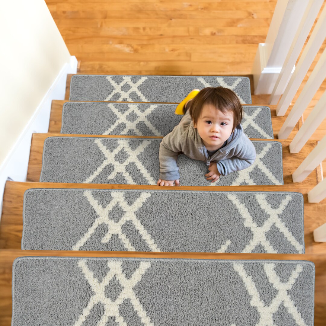 Striped Stair Treads Carpet, Gray Geometric Stair Runner Rug, Thin ...