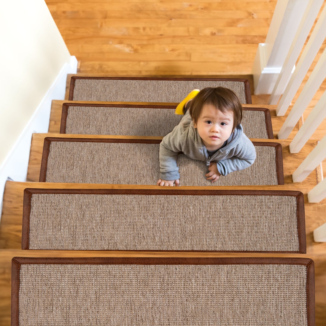 Modern Sisal Stair Treads Carpet, Brown Linen Border Stair Runner Rug ...
