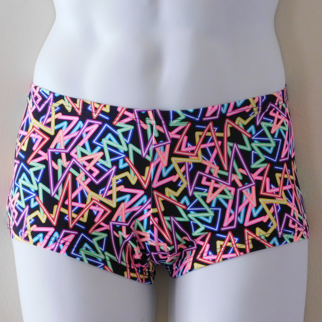 Mens Low Rise Square Cut Swimsuit In Neon Rave Print Etsy