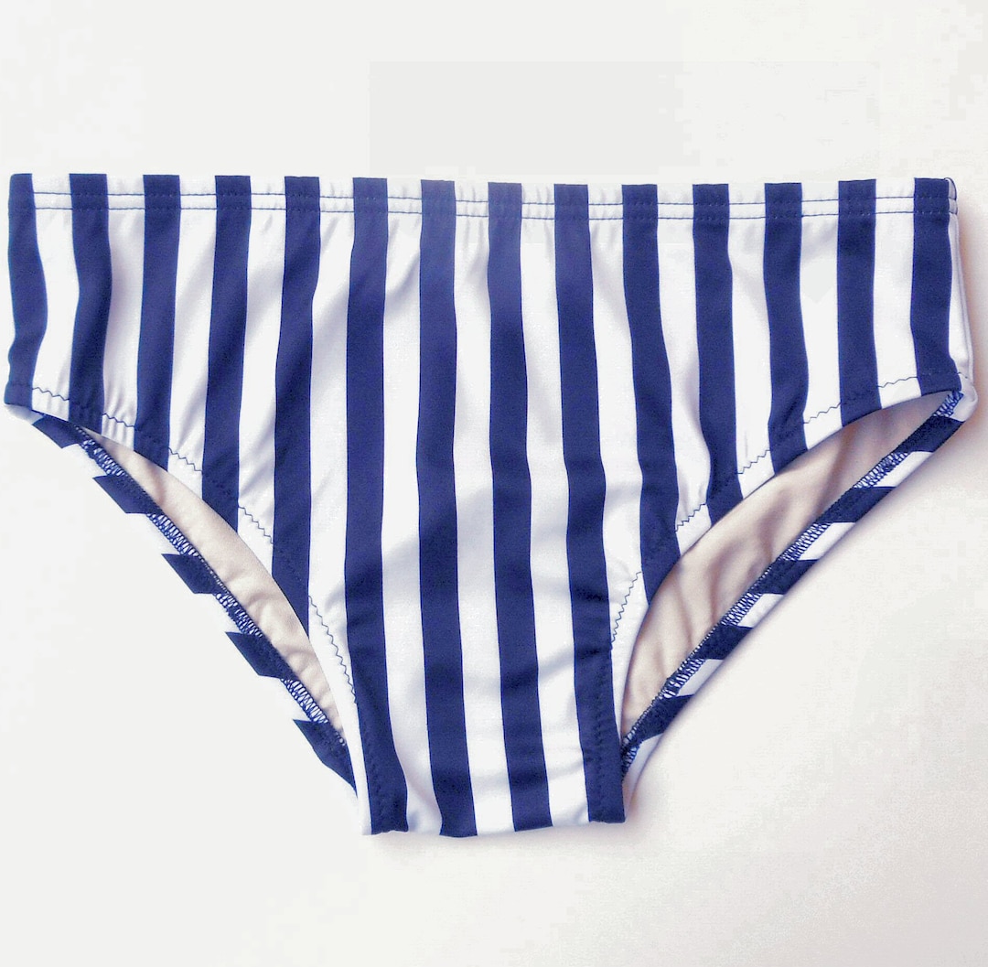 Mens Swim Brief Swimwear In Navy And White Vertical Stripe In Regular Or Low Rise Etsy