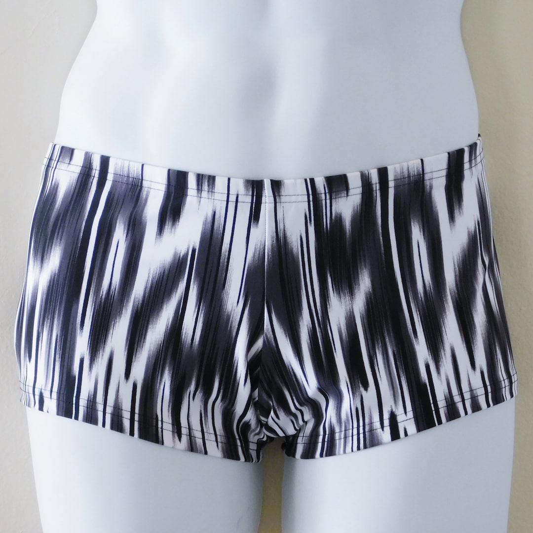 Mens Low Rise Square Cut Swimsuit In Black And White Wavelength Print Etsy