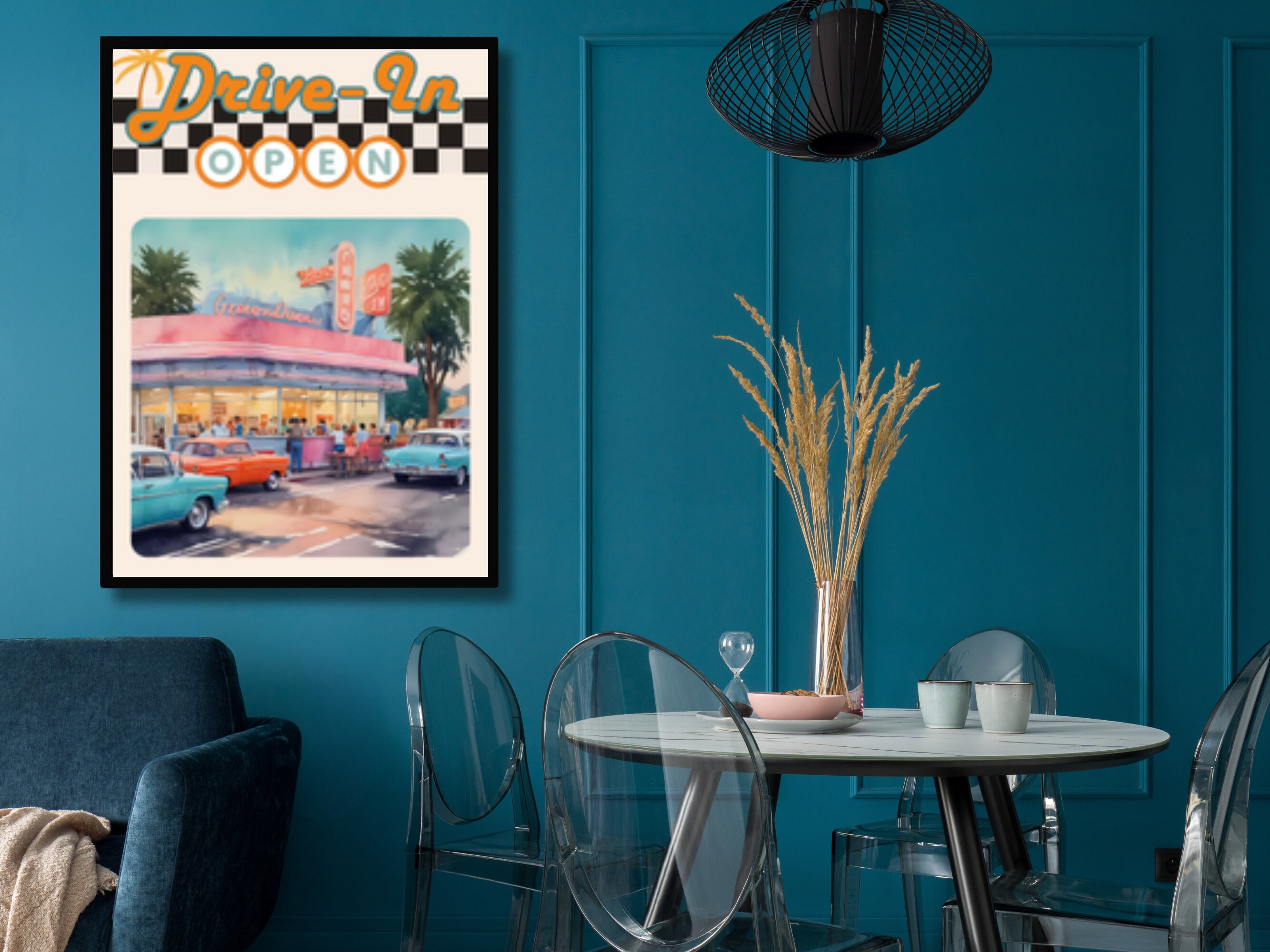 Vintage Drive-in Wall Art, Retro Diner Print, Classic Cars Digital ...