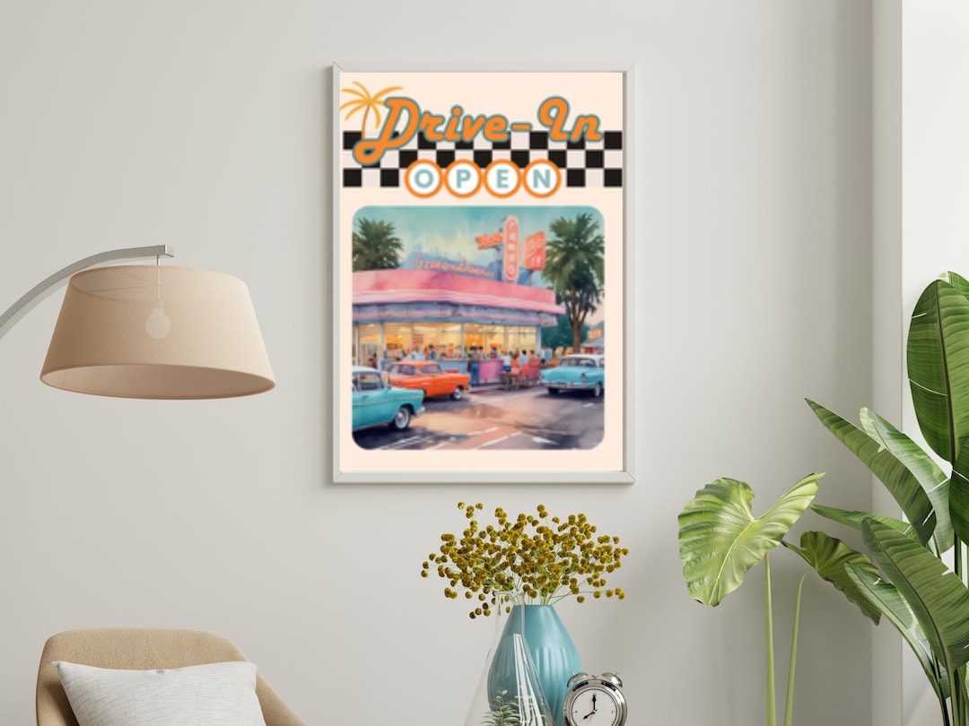 Vintage Drive-in Wall Art, Retro Diner Print, Classic Cars Digital ...