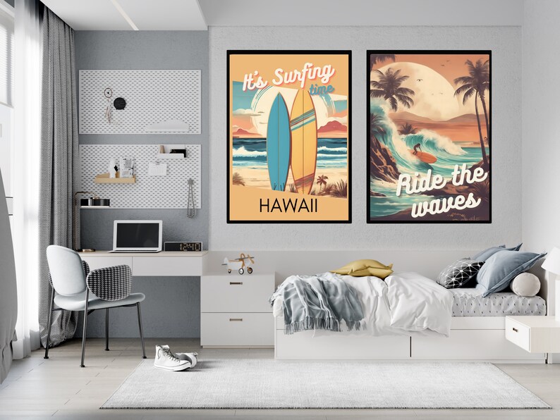 Tropical Surfing Poster, Vintage Surf Wall Art, Beach Decor, Ride the ...