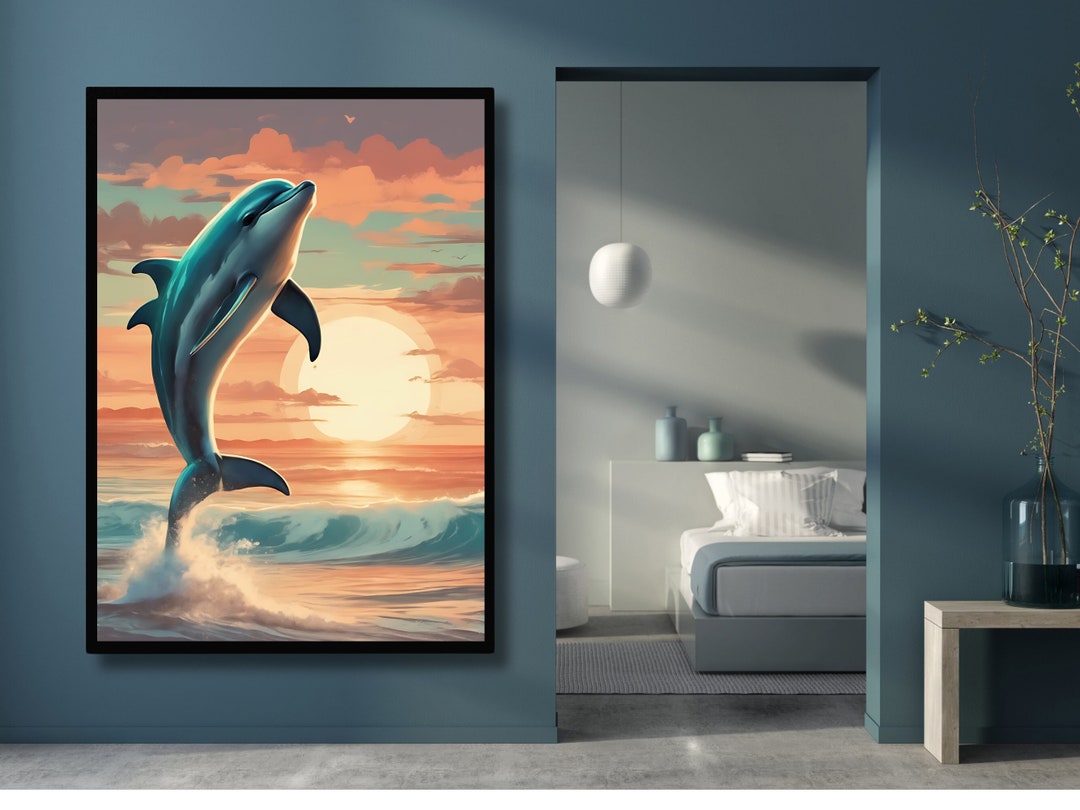 Dolphin Jumping at Sunset Ocean Scene Wall Art, Vibrant Marine Life ...