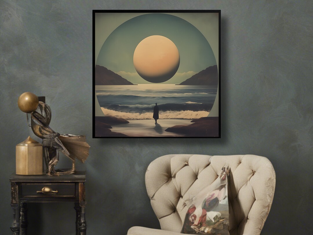 Dreamy Nightscapes : Surrealist Wall Art, Retro Moonlit Over Ocean ...