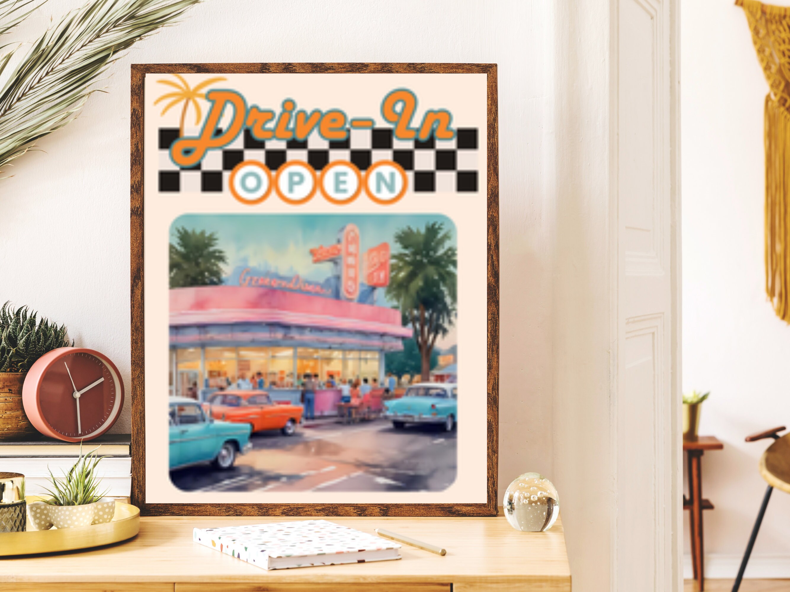 Vintage Drive-in Wall Art, Retro Diner Print, Classic Cars Digital ...