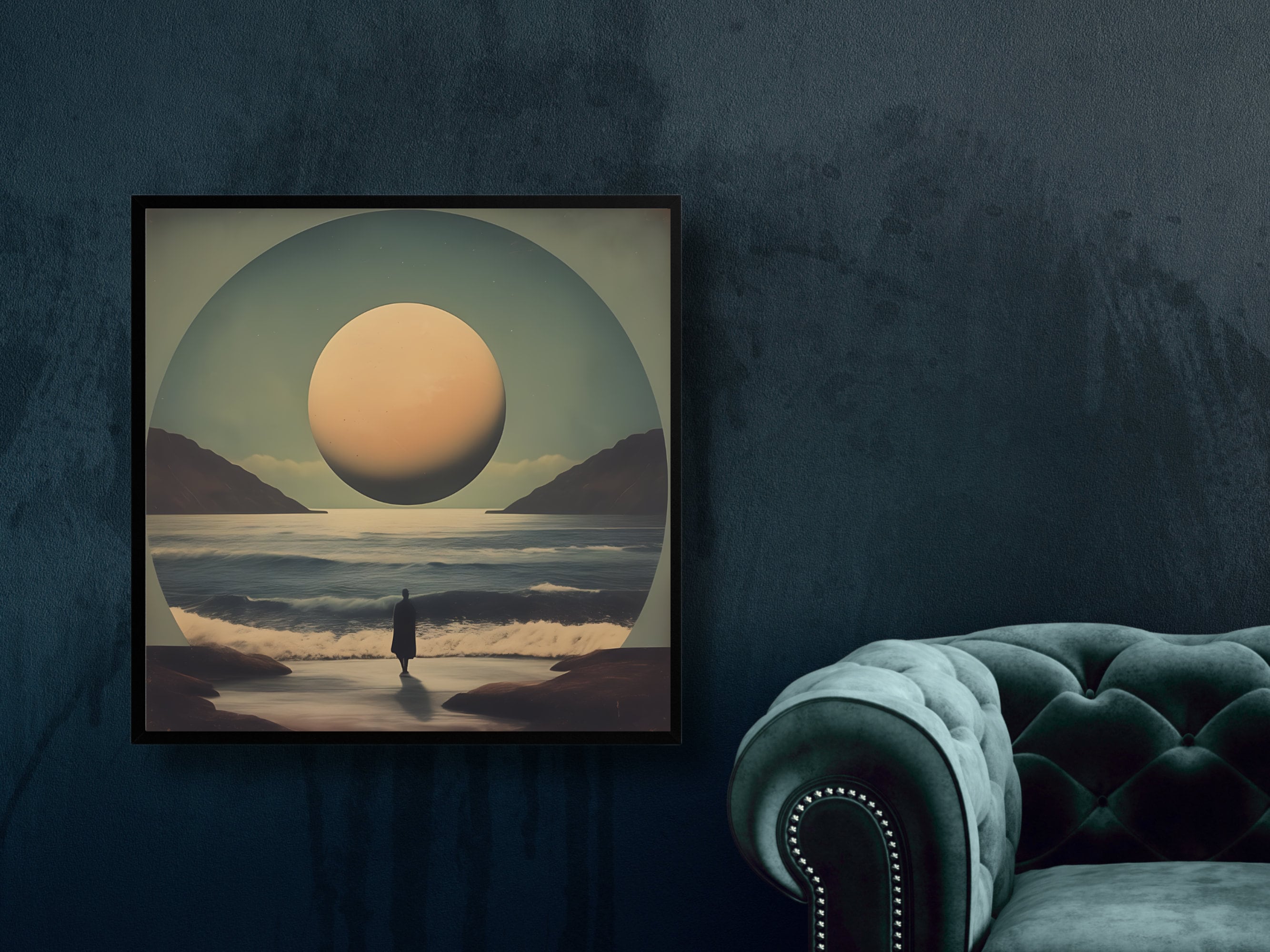 Dreamy Nightscapes : Surrealist Wall Art, Retro Moonlit Over Ocean ...