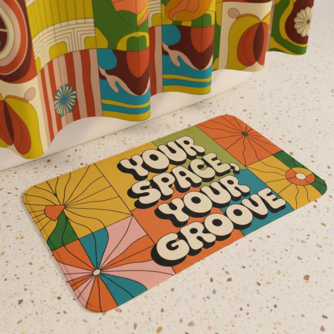 Retro Groovy 70s Bath Mat, Colorful Flower Power Bathroom Rug, Non Slip ...