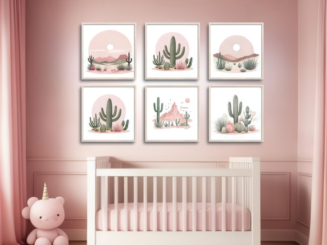 Set of 6 Desert Cactus Wall Art, Pink Sunset Nursery Decor, Printable ...