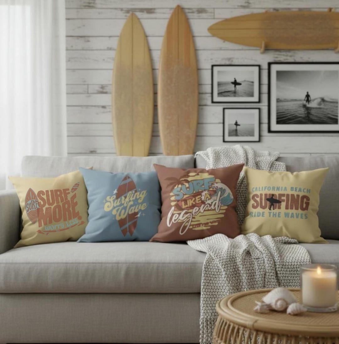Set of 4 Retro Surf Pillow Covers, Coastal Beach Decor, Indoor Outdoor ...