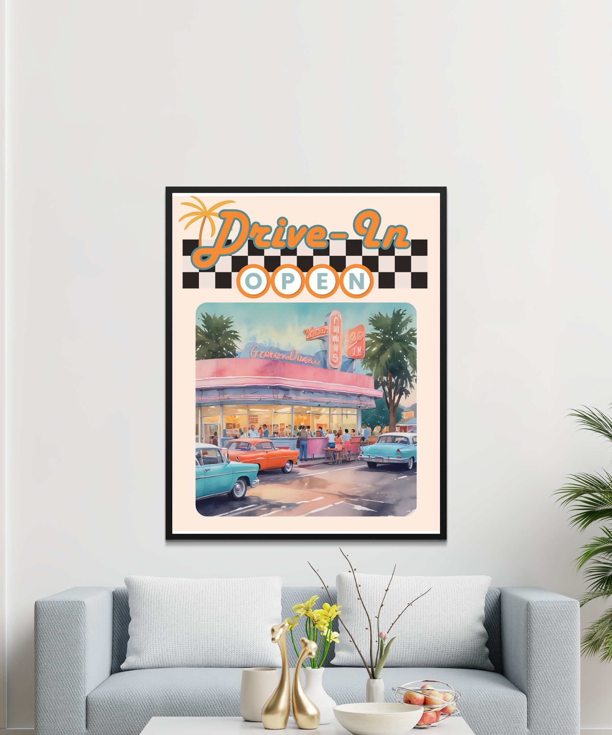 Vintage Drive-in Wall Art, Retro Diner Print, Classic Cars Digital ...