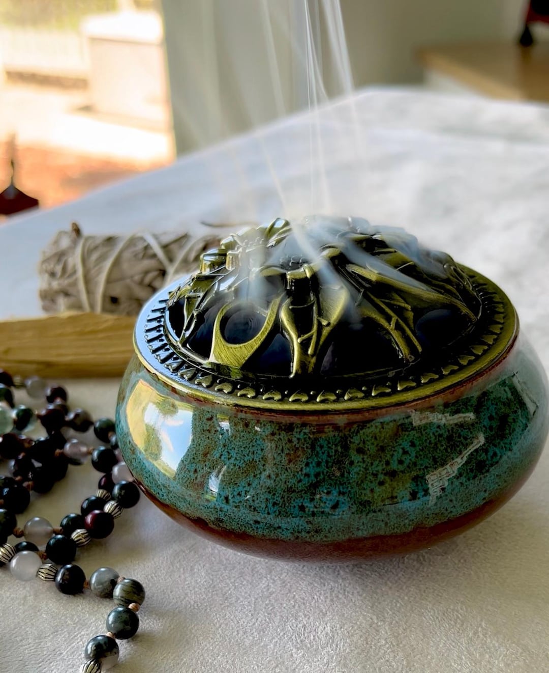 Blue Ceramic Incense Cone Burner Bowl: Brass Lid, Meditation Rituals - Etsy