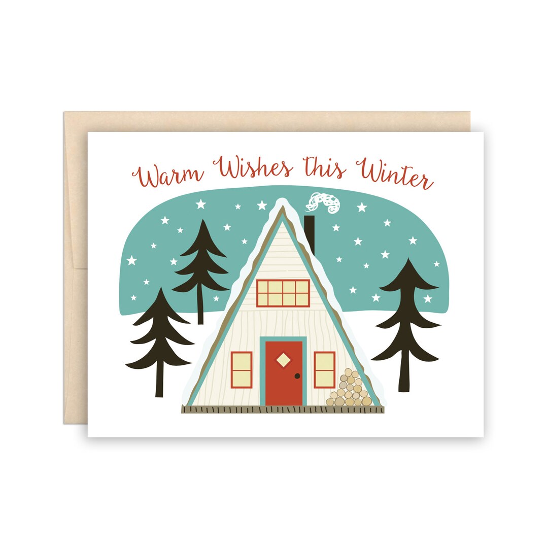 A-frame Cabin Christmas Card, Cute Winter Holiday Greeting Card, Winter ...