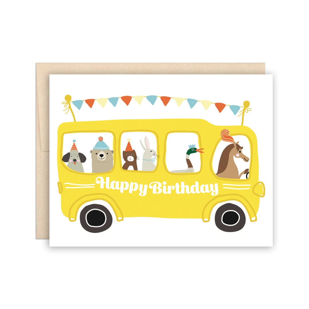 Cute Kids Birthday Card - Birthday Bus Greeting Card, Birthday Card for ...