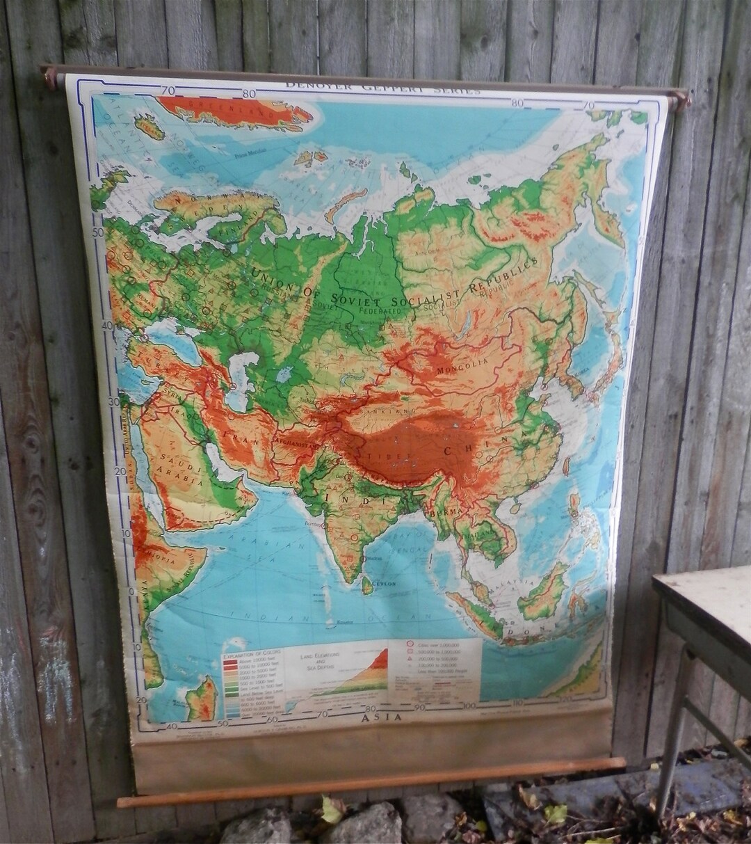 Vintage 1967 Physical Political Map of Asia Classroom School Dorm ...