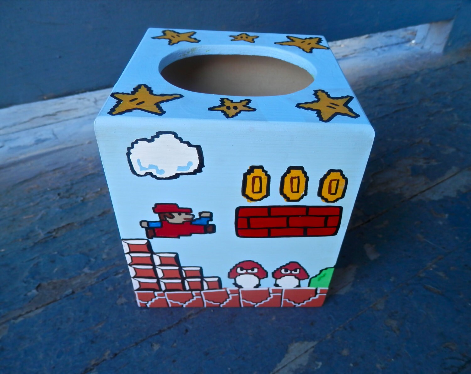 Mario Hand Painted Tissue Box Holder Nintendo Geekery 8 Bit Video Game ...