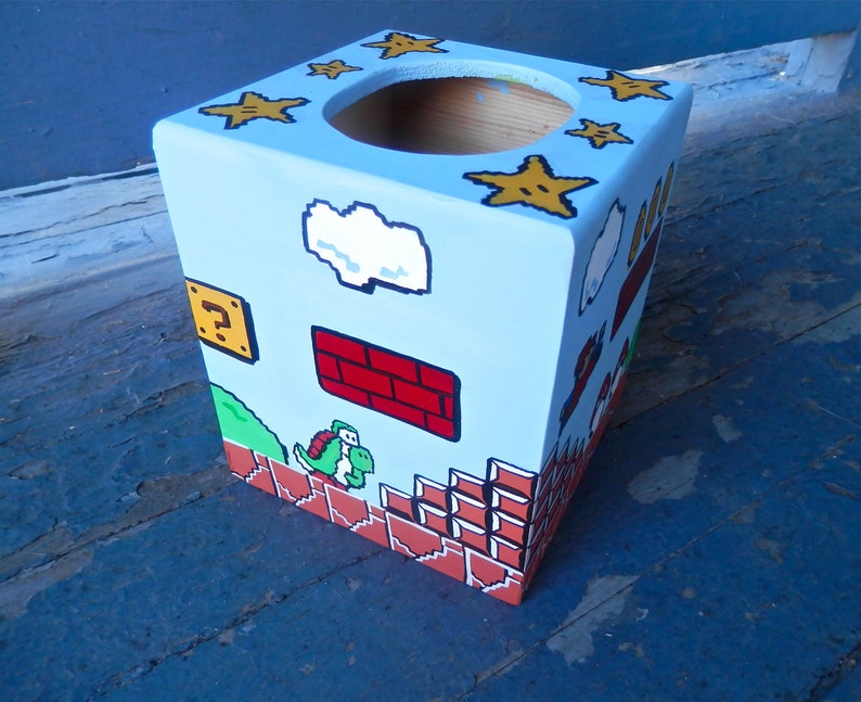 Mario Hand Painted Tissue Box Holder Nintendo Geekery 8 Bit Video Game ...