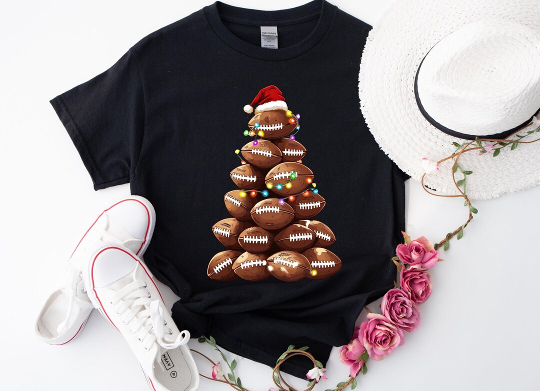 Christmas Football Tree Shirt Santa Hat Football Sports Xmas Shirt ...