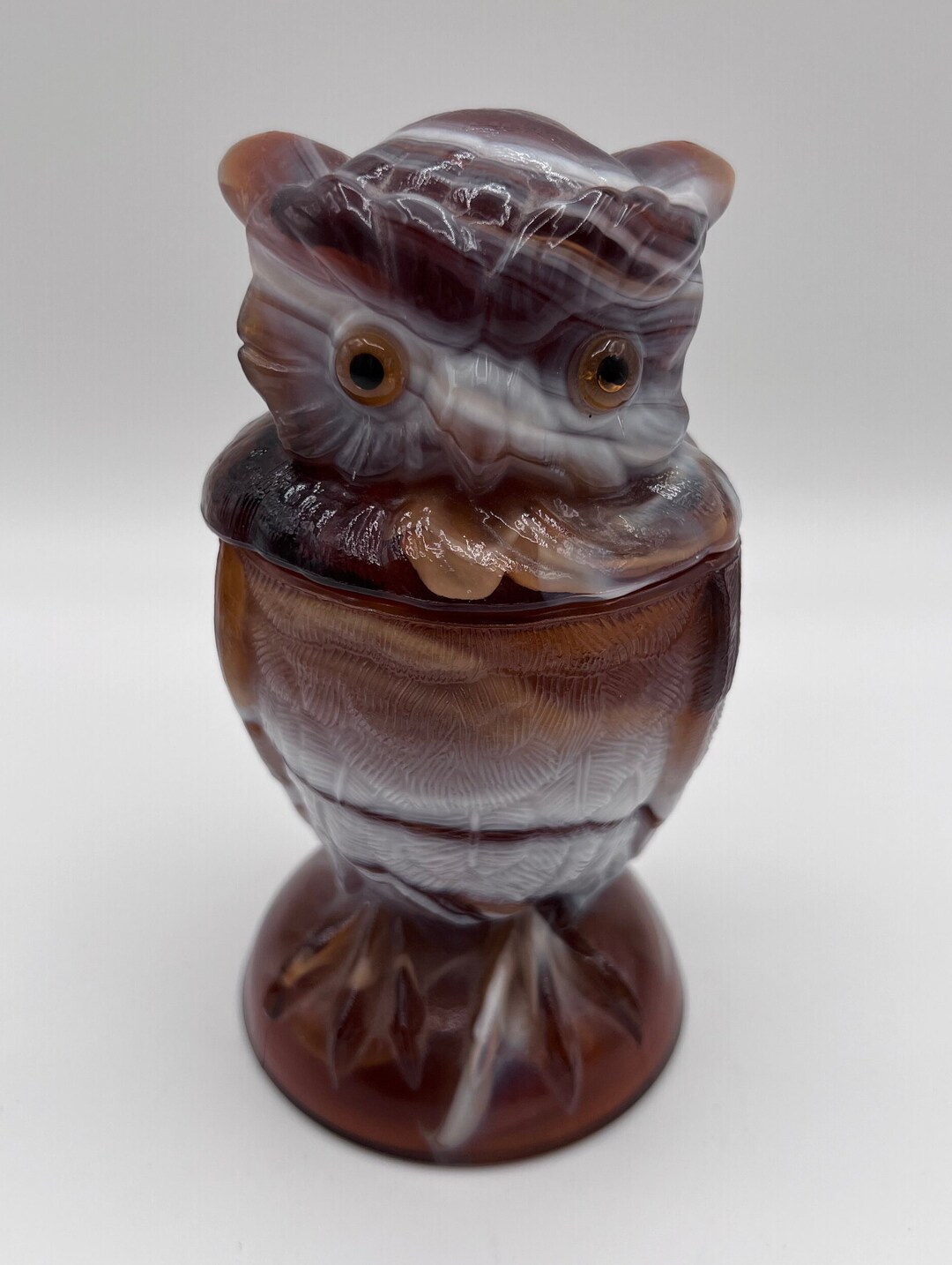 Vintage IMPERIAL GLASS end O' Day Toby Covered Owl Glass Jar Caramel ...