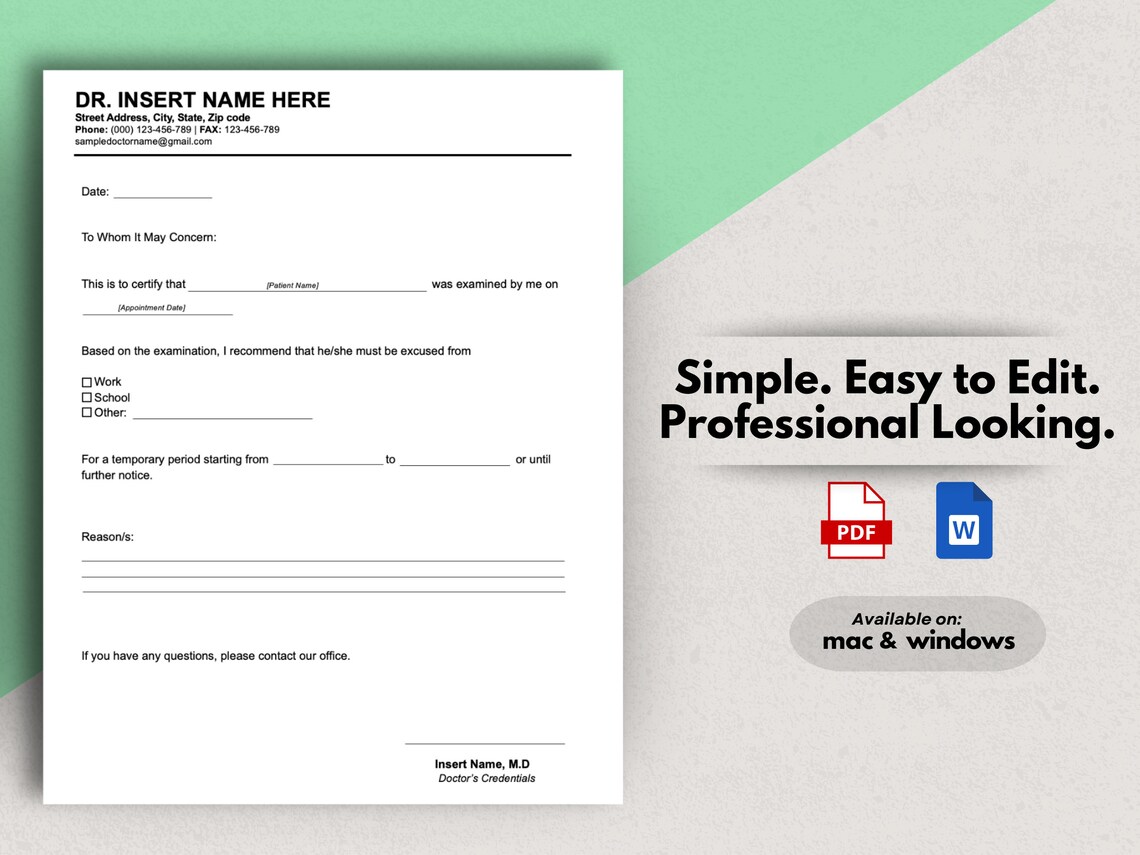 Editable Doctor's Excuse Template for Work, School (digital Download ...