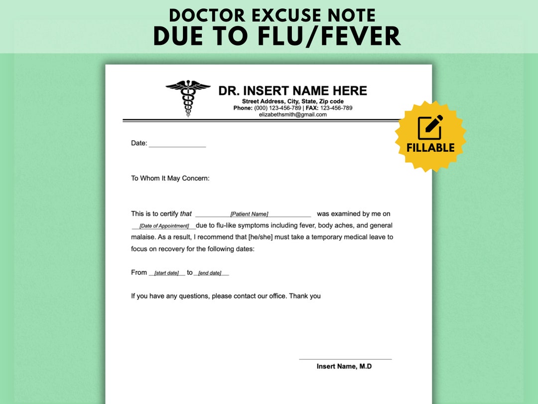 Fillable Doctors Note for Work, Doctor Excuse Note Due to Flu/fever ...