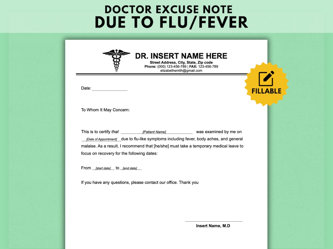 Fillable Doctors Note for Work, Doctor Excuse Note Due to Flu/fever ...