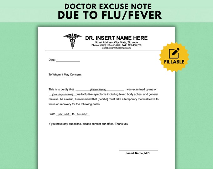 Fillable Doctors Note for Work, Doctor Excuse Note Due to Flu/fever ...