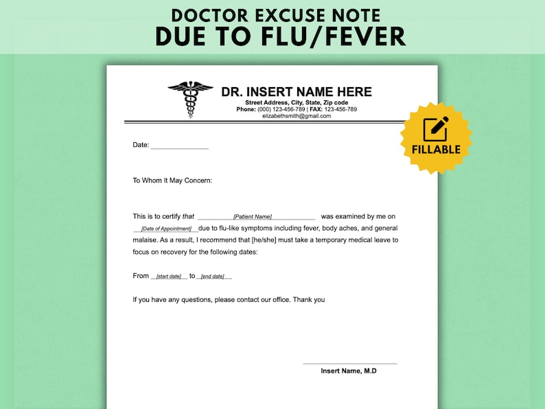 Fillable Doctors Note for Work, Doctor Excuse Note Due to Flu/fever ...