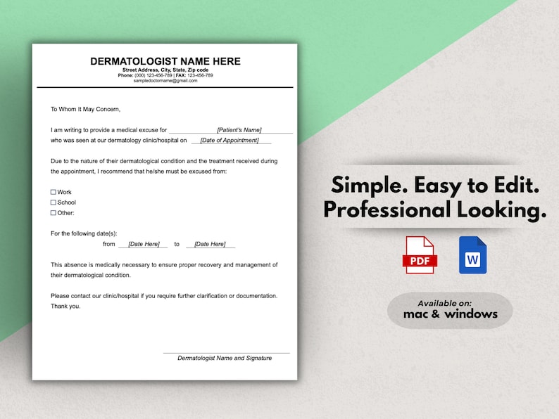 Dermatology Excuse Note Template Dermatologist Doctor Medical Excuse ...