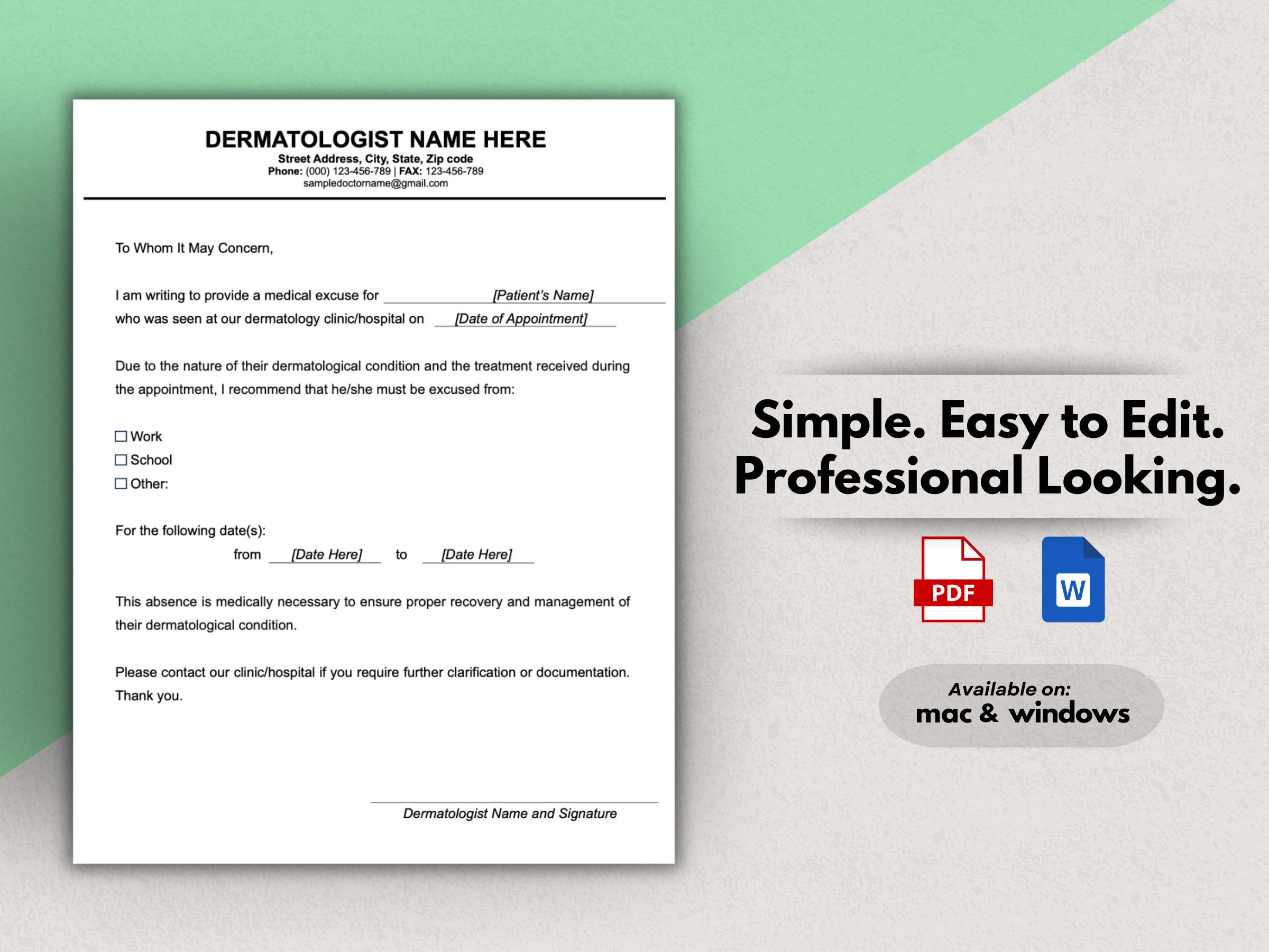 Dermatology Excuse Note Template Dermatologist Doctor Medical Excuse ...