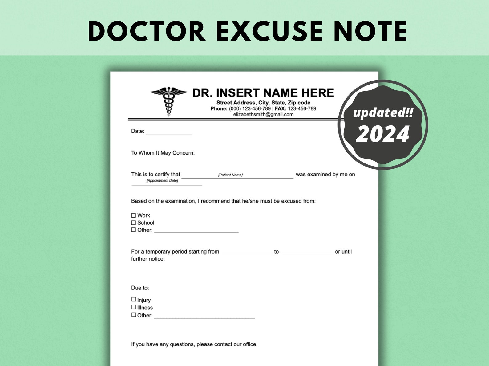 Doctors Excuse Note for Work Editable Emergency Excuse Note Sick Leave ...
