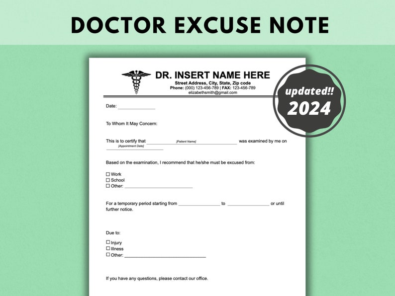Doctors Excuse Note for Work Editable Emergency Excuse Note Sick Leave ...