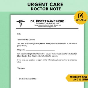 Editable Urgent Care Doctor Note for Work & School, Doctor Excuse Note Template, Doctor's Excuse ...