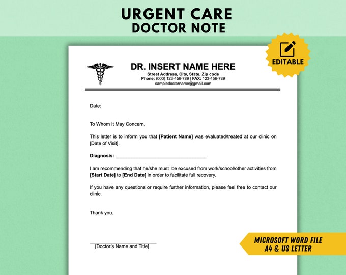 Editable Urgent Care Doctor Note for Work & School, Doctor Excuse Note ...