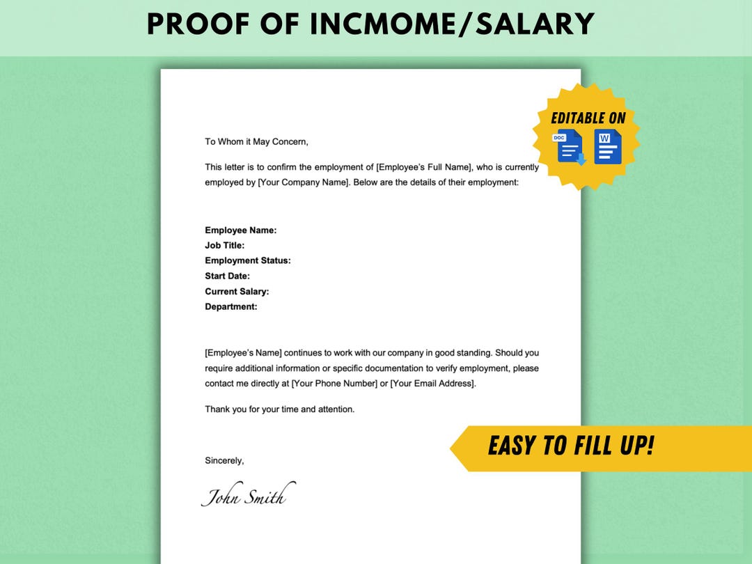 Proof of Income Letter Template, Income Verification Letter, Salary ...