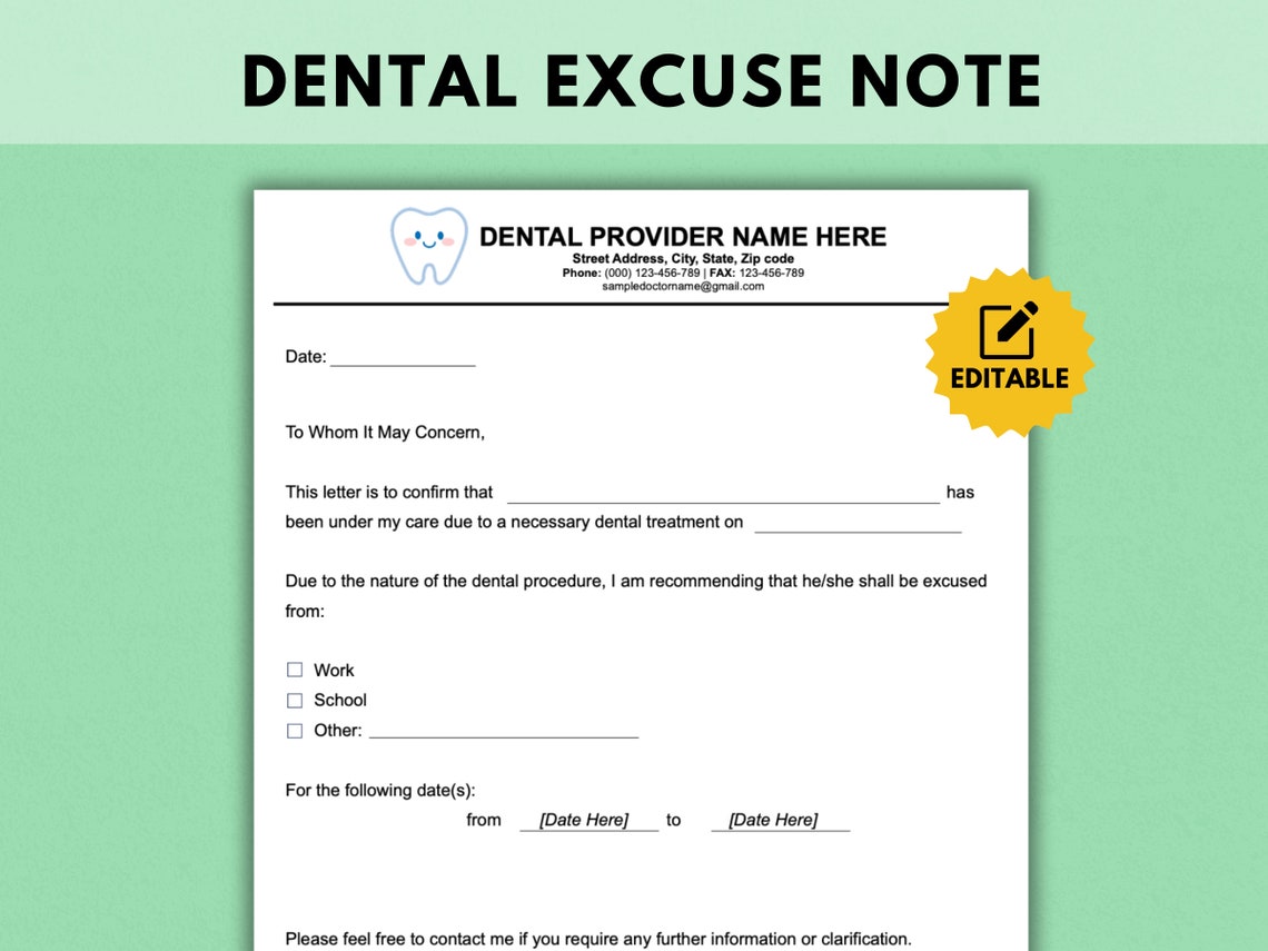 Dentist Excuse Note Template Orthodontic Medical Excuse Note Editable ...
