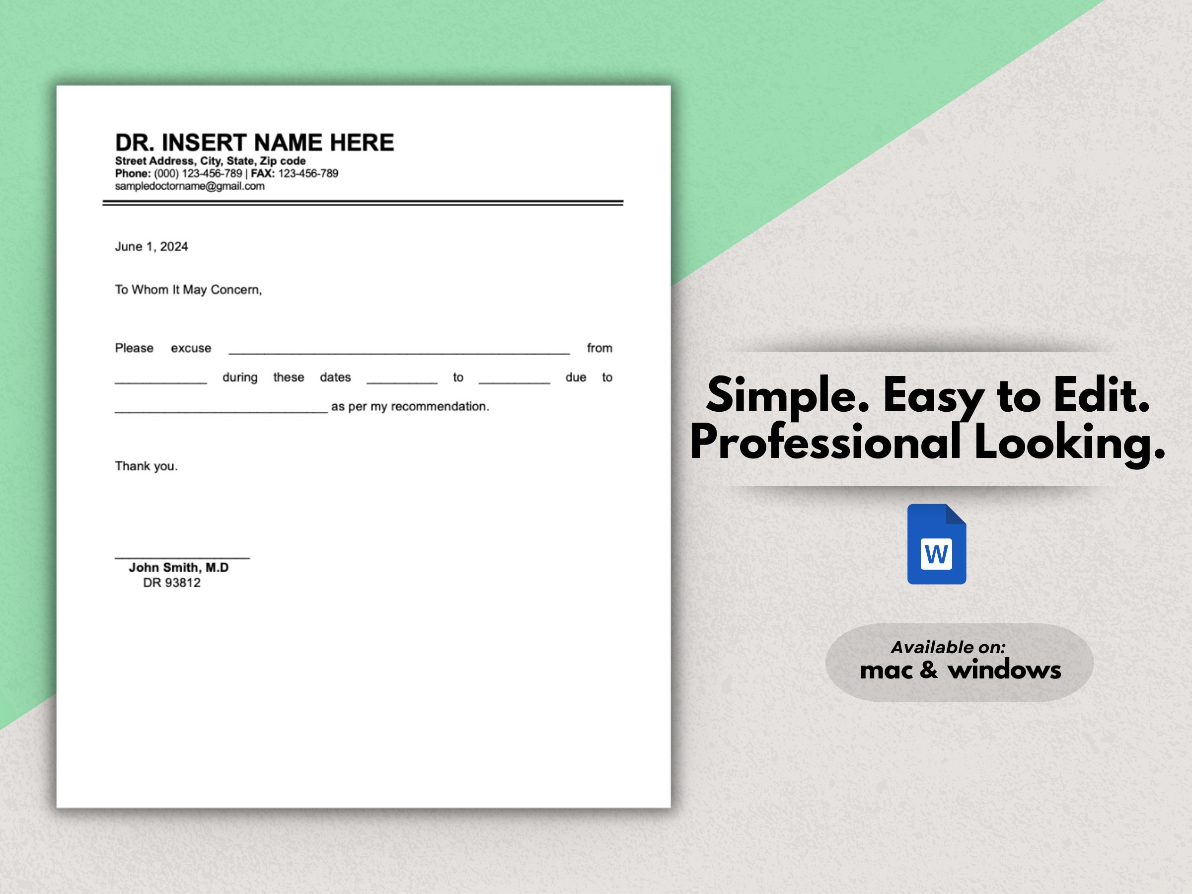 Editable Doctor's Note Template: Excuse Letter (microsoft Word File) - Etsy