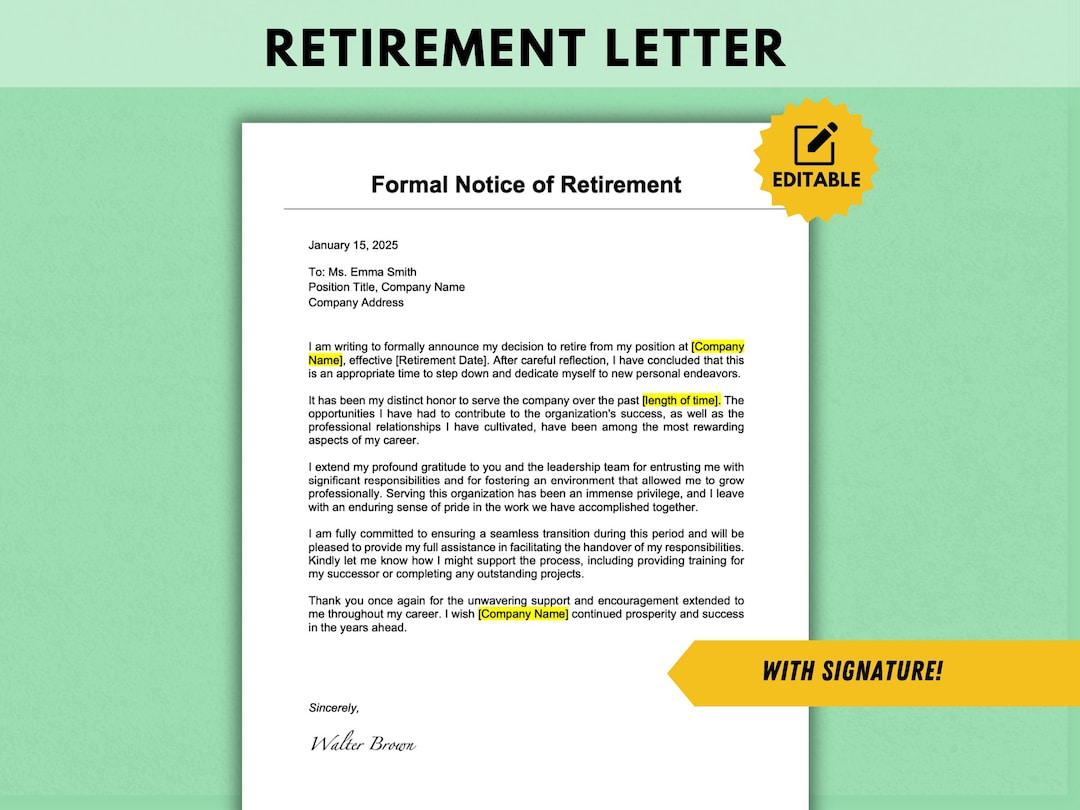 Retirement Letter, Notice of Retirement, Professional Resignation ...